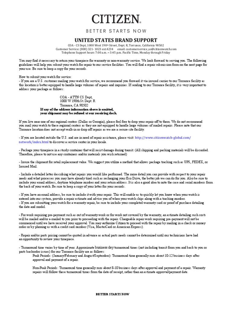 Citizen Watch Repair Submission Form PDF | PDF | Visa Inc. | Business