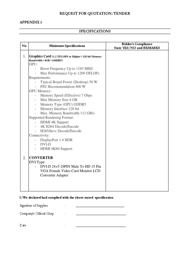Request For Quotation/Tender Appendix 1 Specifications | PDF