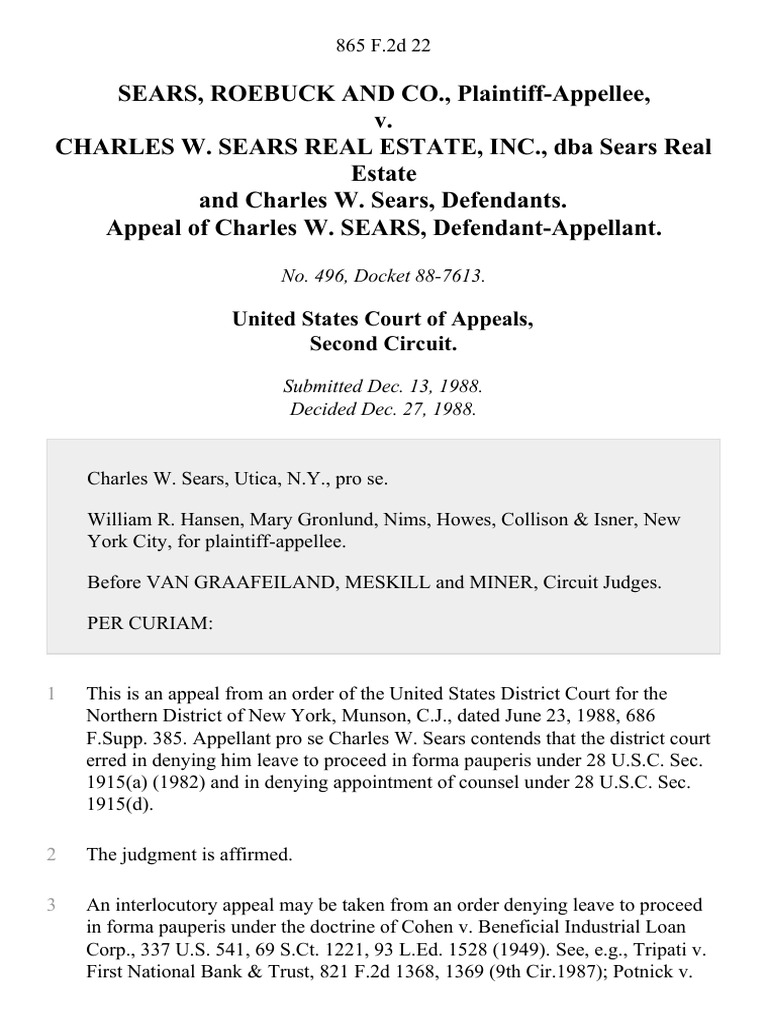 SEARS, ROEBUCK AND CO., Plaintiff-Appellee, v. Charles W. Sears Real ...