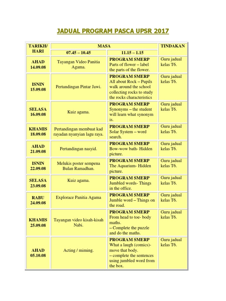 Jadual Program Pasca Upsr 2017 | PDF