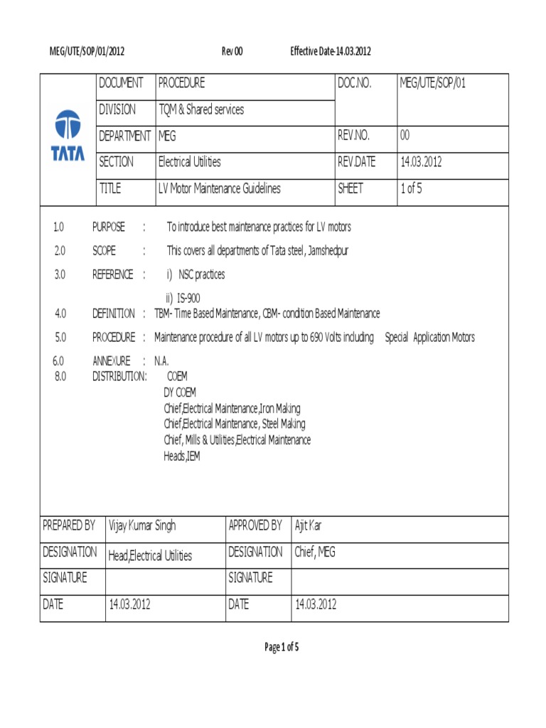 LV Motor Maintenance Procedures | PDF | Electrical Resistance And ...