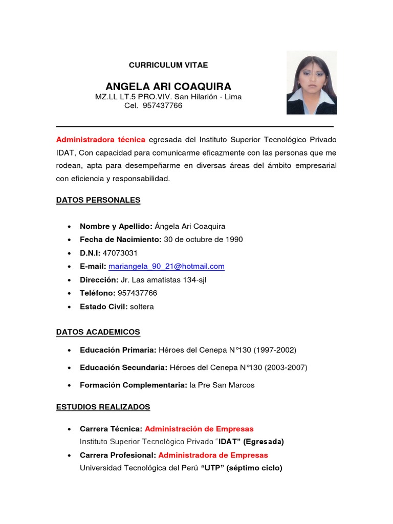 Curriculum Vitae de Ángela Ari Coaquira | PDF | Crecimiento personal y ...