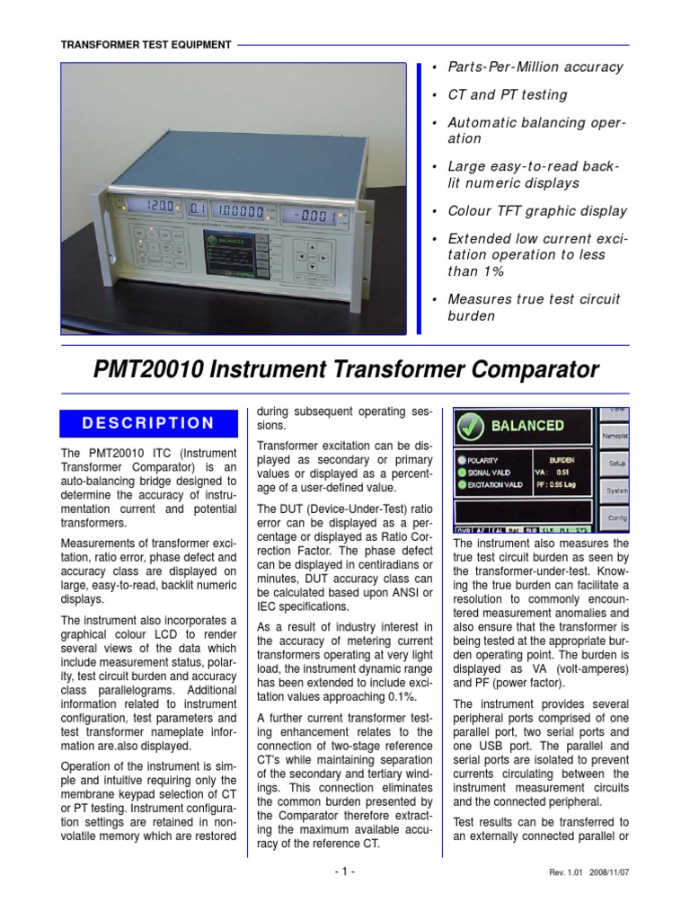 PMT20010 Instrument Transformer Comparator: Description | PDF ...