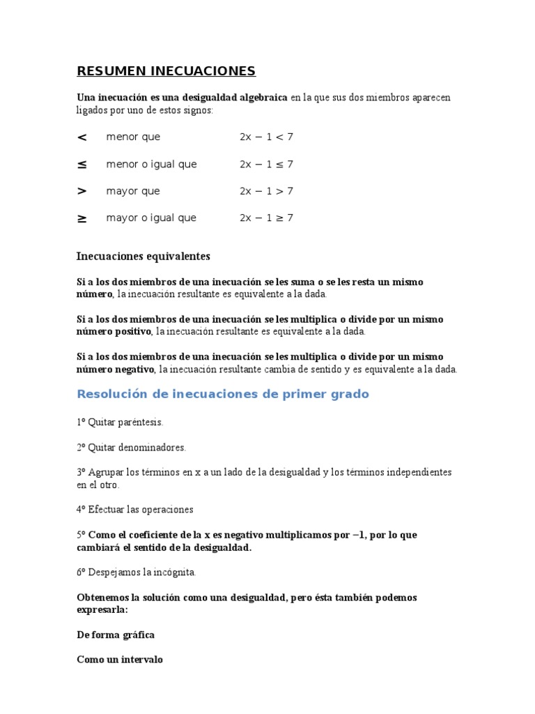 Resumen Inecuaciones | PDF | Desigualdad (Matemáticas) | Intervalo (Matemáticas)