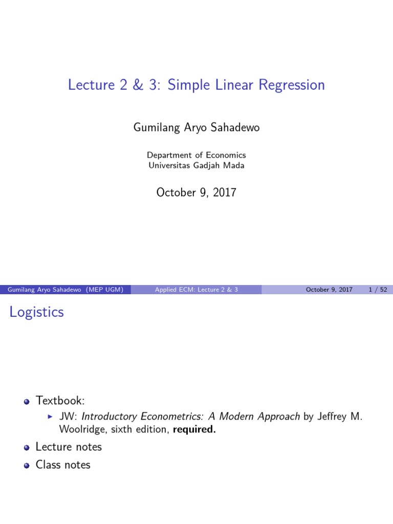 Lecture 2 & 3: Simple Linear Regression: Gumilang Aryo Sahadewo | PDF | Ordinary Least Squares ...