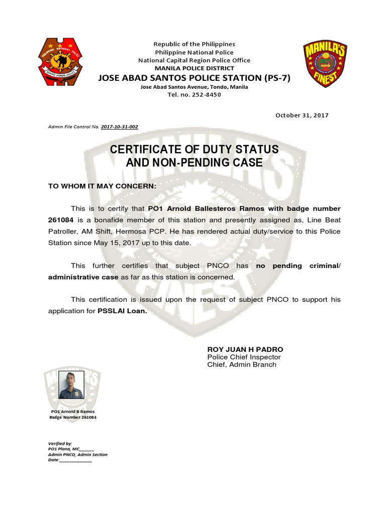Certificate of Duty Status and Non-Pending Case: Jose Abad Santos ...