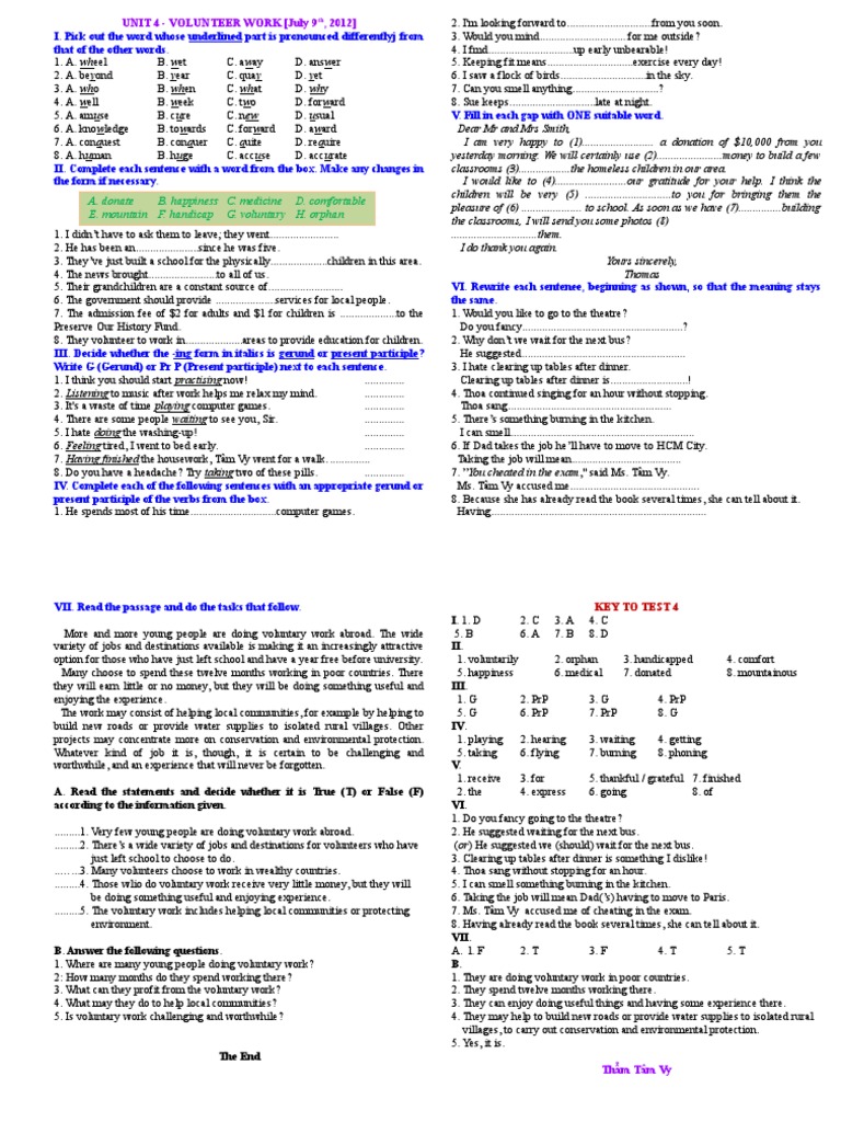 Bai Tap 11 - Co Dap An - Volunteer Work | PDF | Volunteering