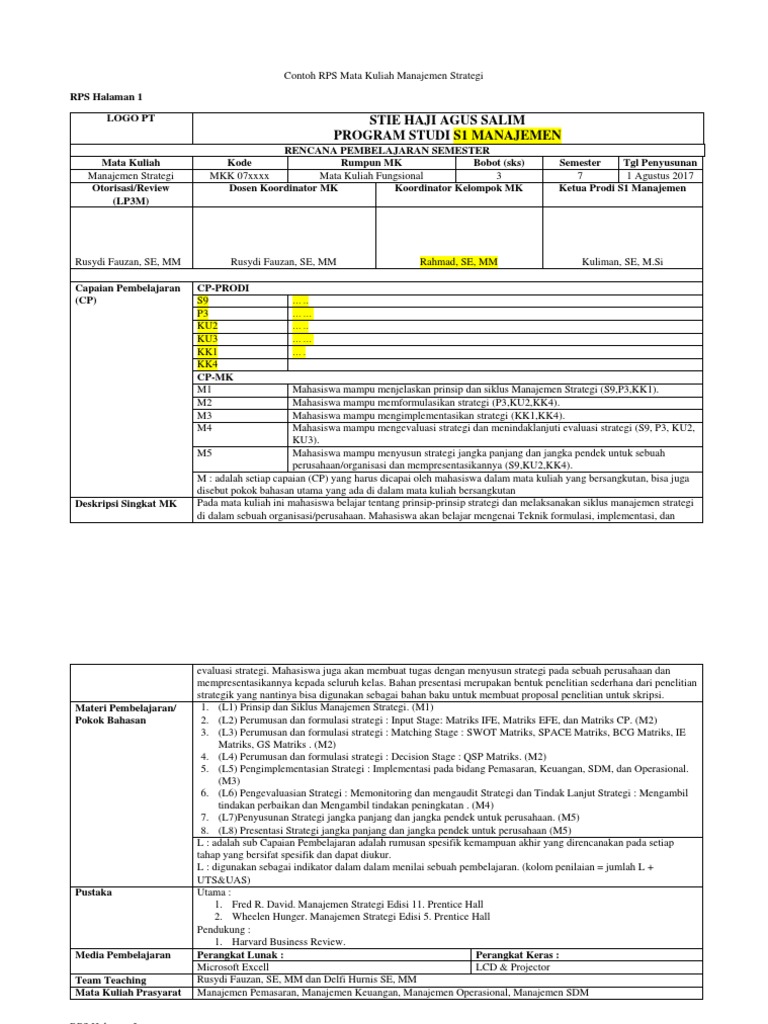 Contoh RPS Manajemen Strategi | PDF