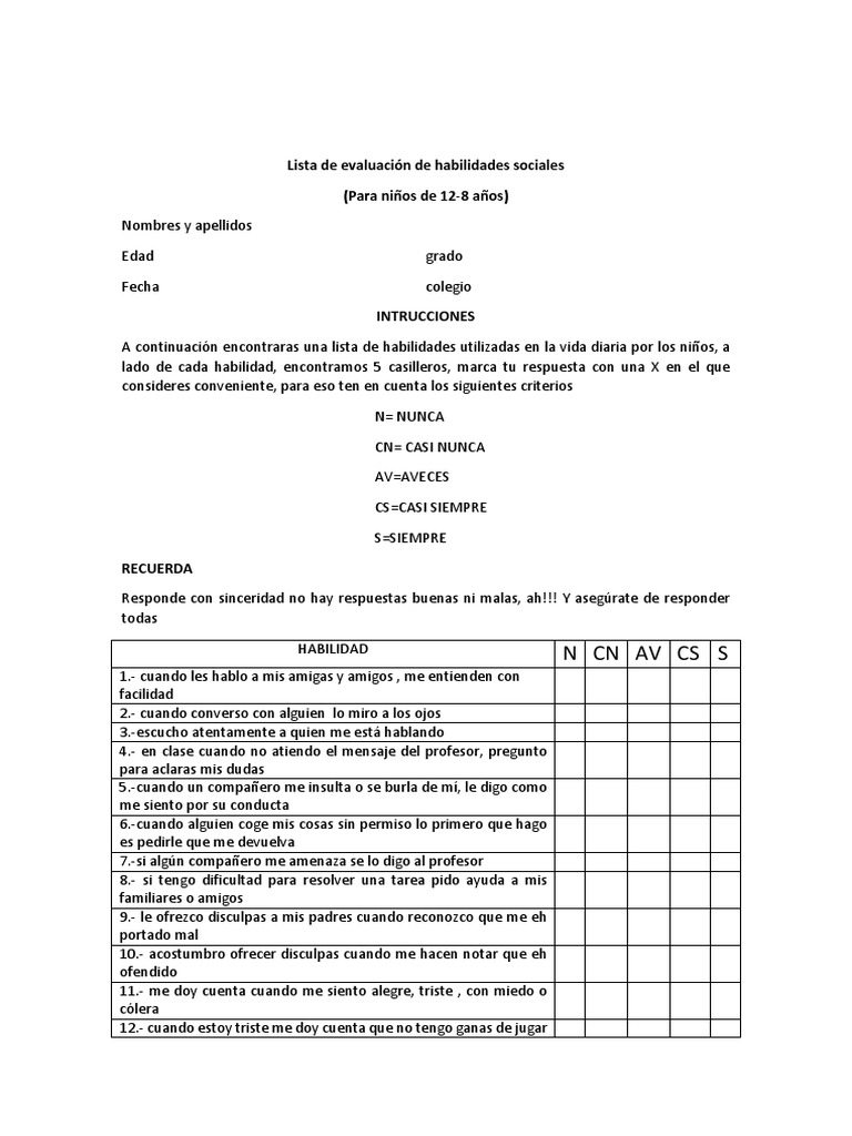 Lista de Evaluación de Habilidades Sociales | PDF | Ocio