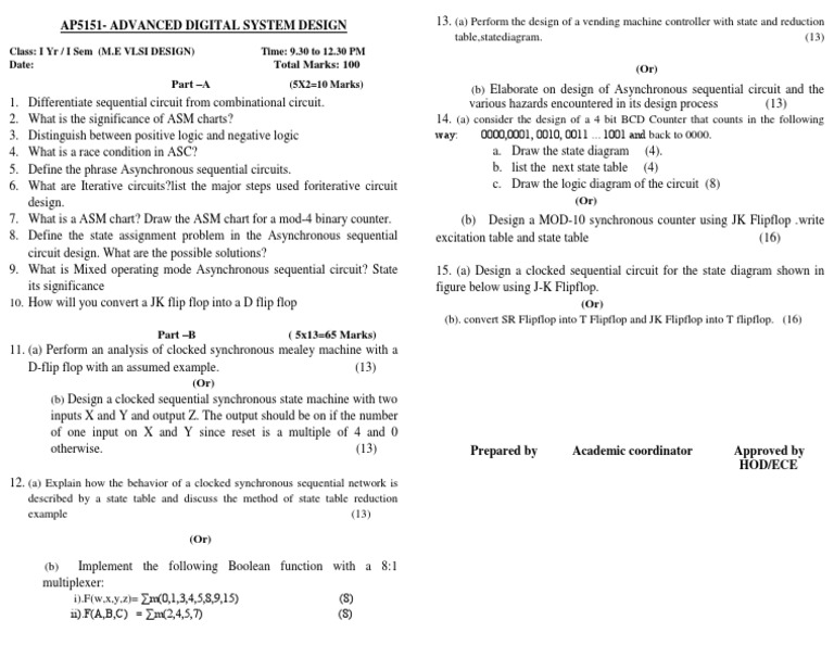 Ap5151-Advanced Digital System Design: Total Marks: 100 Part - A (Or ...