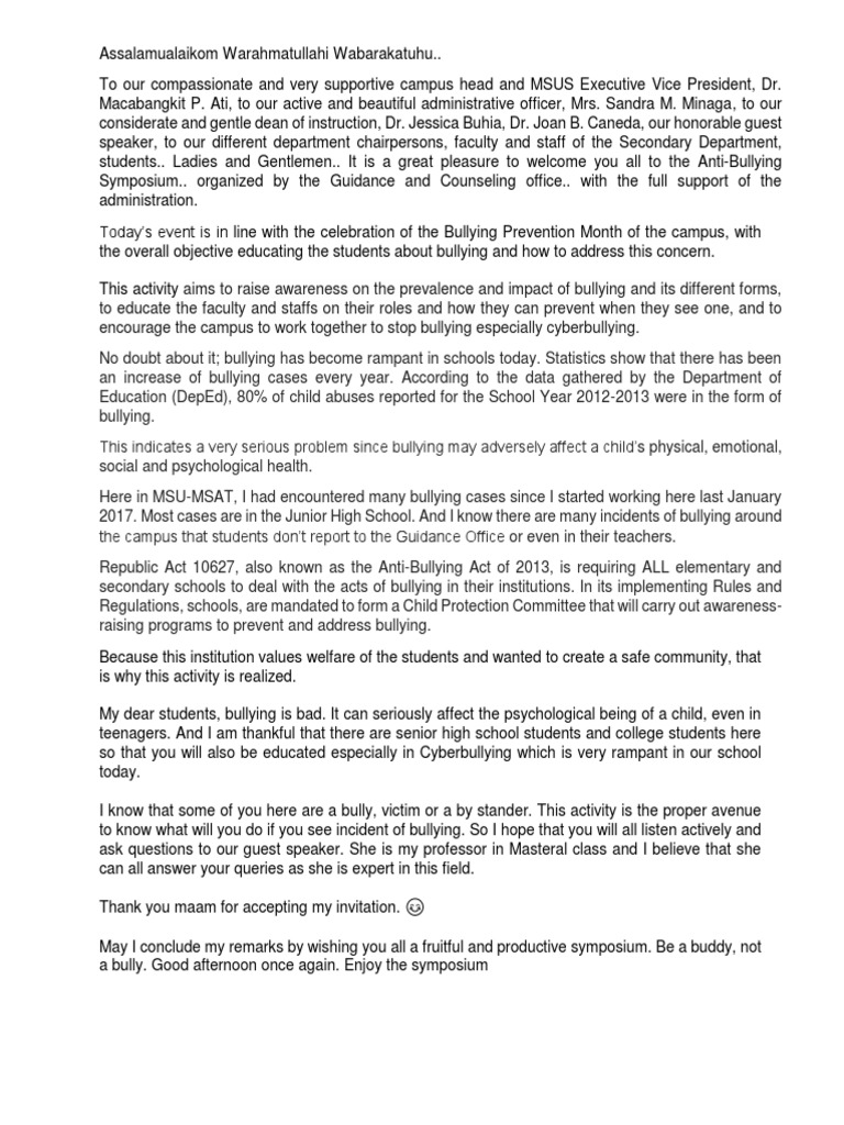 Anti Bullying Speech | PDF | Bullying | Cyberbullying