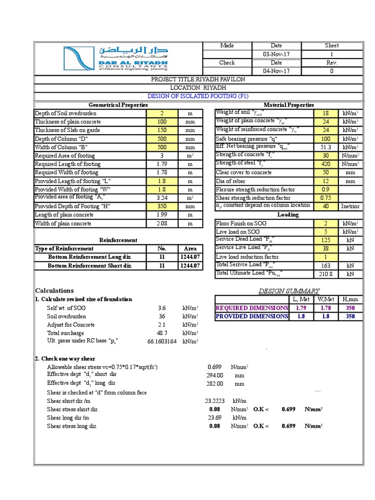 Design of Isolated Footing (F1) : Calculations | PDF | Strength Of ...