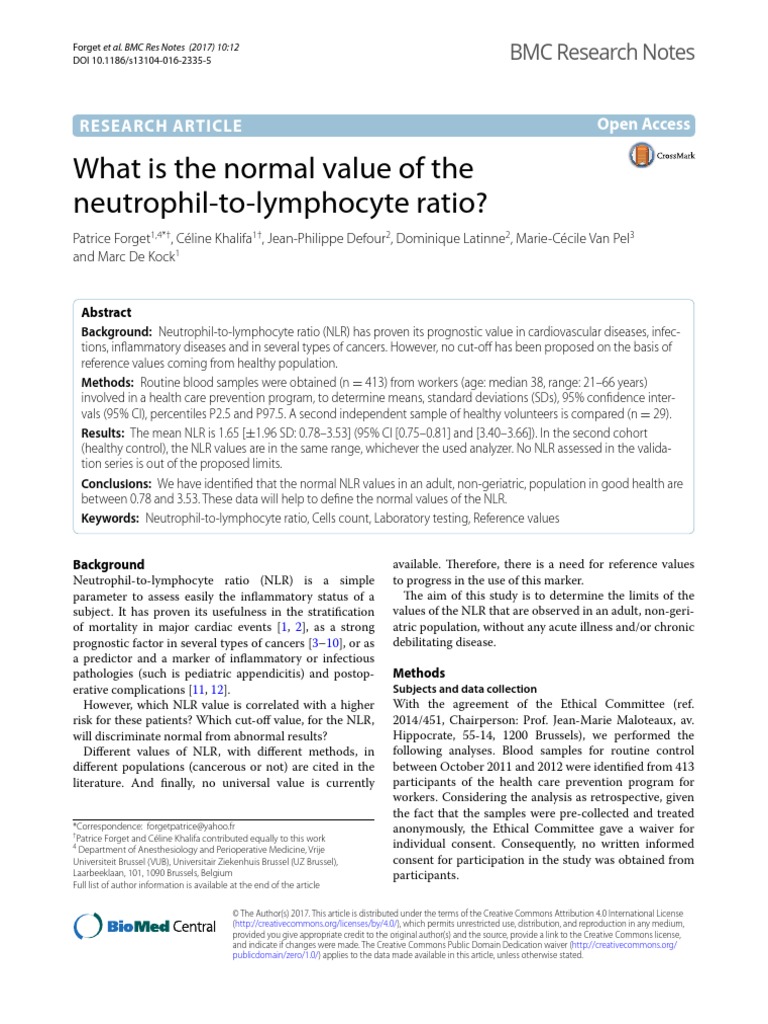 What Is The Normal Value of The Neutrophil-To-Lymphocyte Ratio? | PDF ...