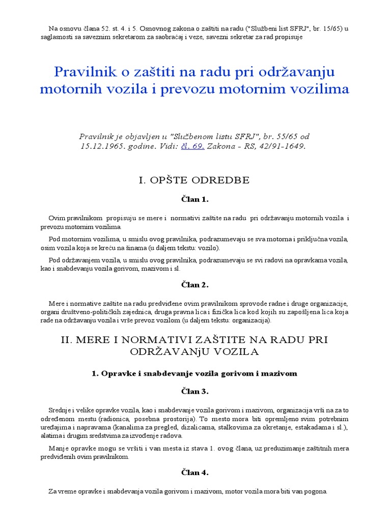 Pravilnik o Zastiti Na Radu Pri Odrzavanju Motornih Vozila I Prevozu ...