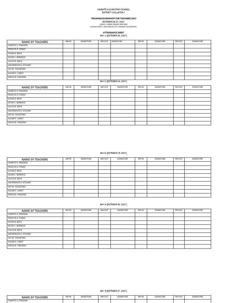 Attendance Sheet For Inset 2017 | PDF