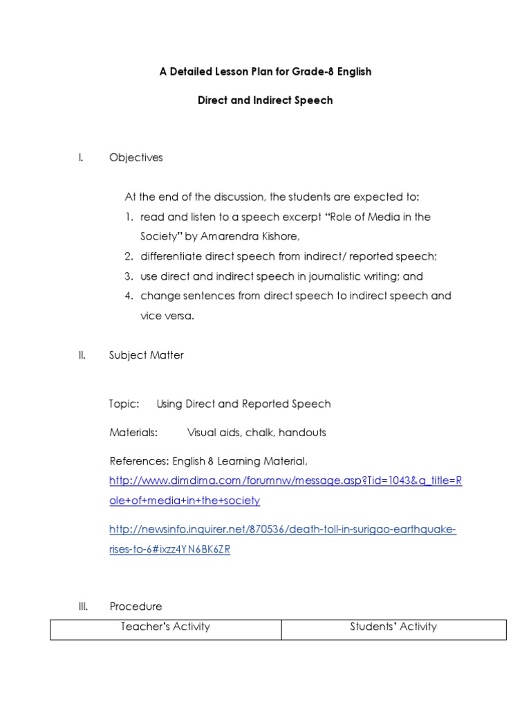Grade 8 Lesson Plan: Direct & Indirect Speech | PDF | Lesson Plan ...