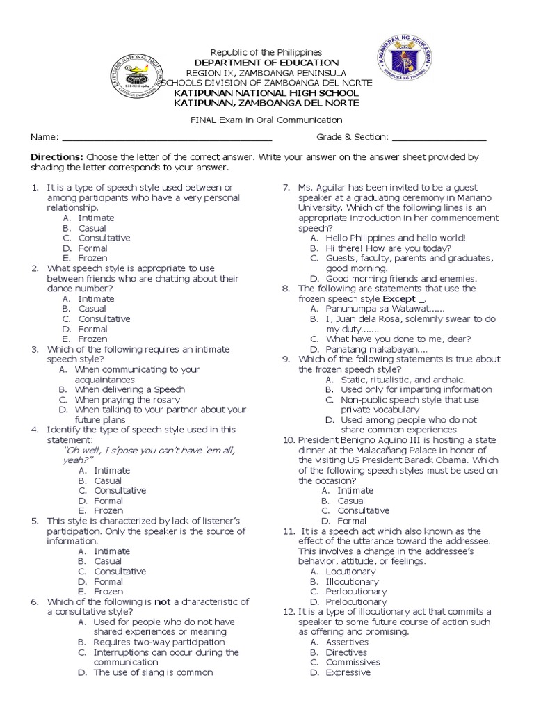 FINAL EXAM Exam in Oral Communication | PDF | Conversation | Semiotics