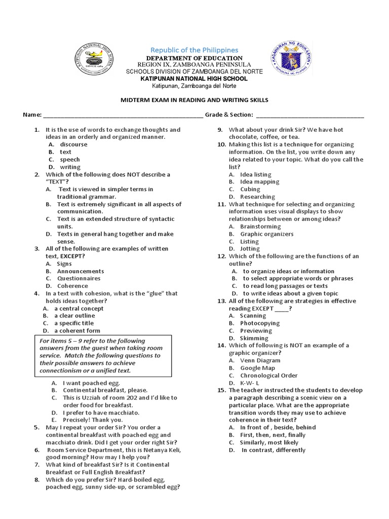 Midterm Exam In Reading And Writing Human Communication Communication