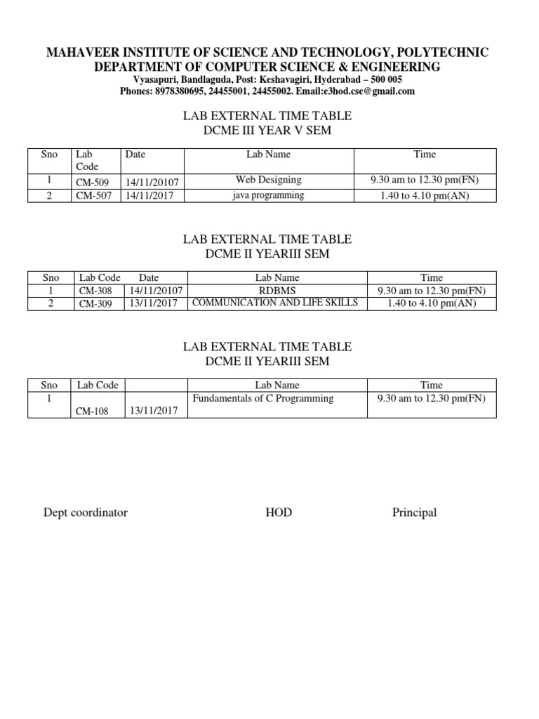 Lab External Time Table Dcme Iii Year V Sem | PDF | Electronics | Information And Communications ...