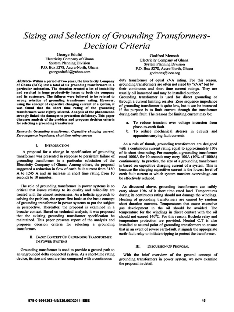 Sizing and Selection of Grounding TransformersDecision Criteria | PDF ...