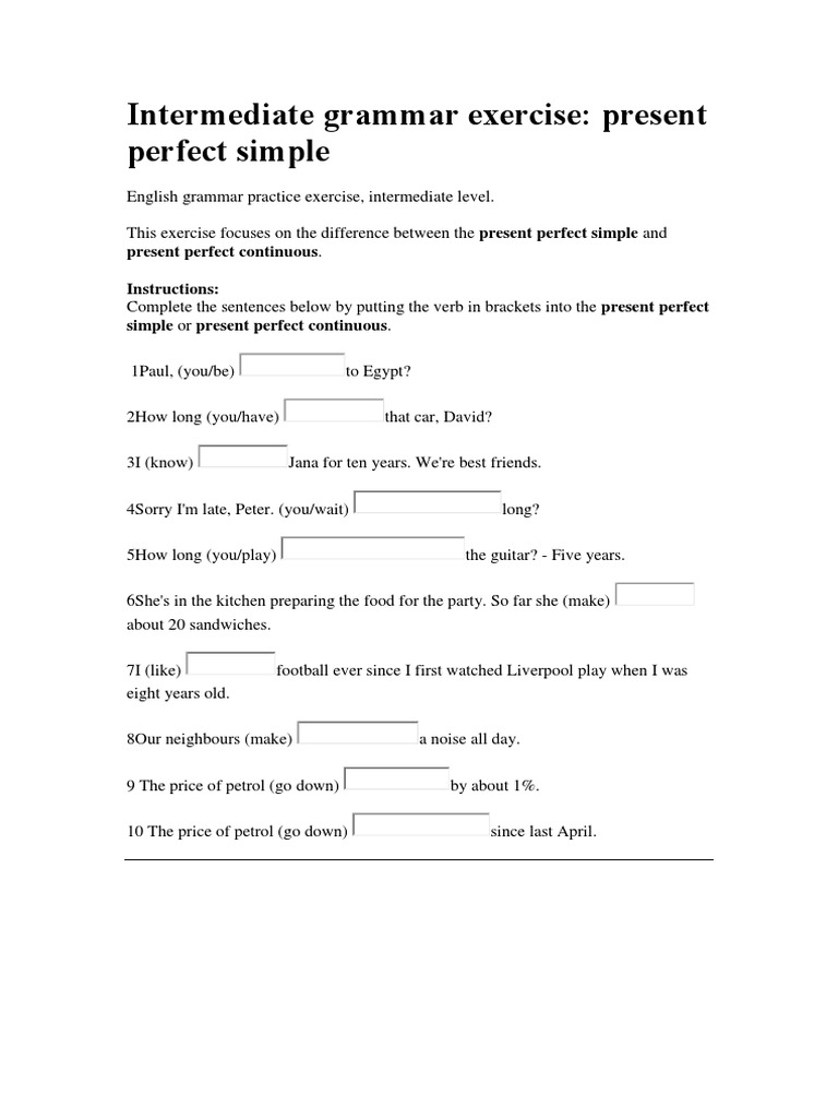Intermediate Grammar Exercise Present Perfect | PDF | Verb | Languages