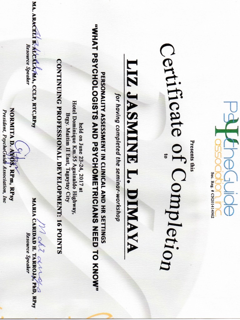 Sample Psychometrician CPD Certificate | PDF