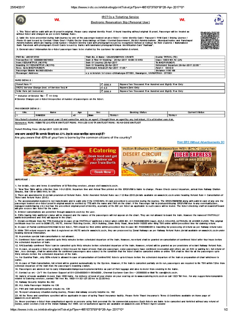 WL WL: Irctcs E Ticketing Service Electronic Reservation Slip (Personal ...