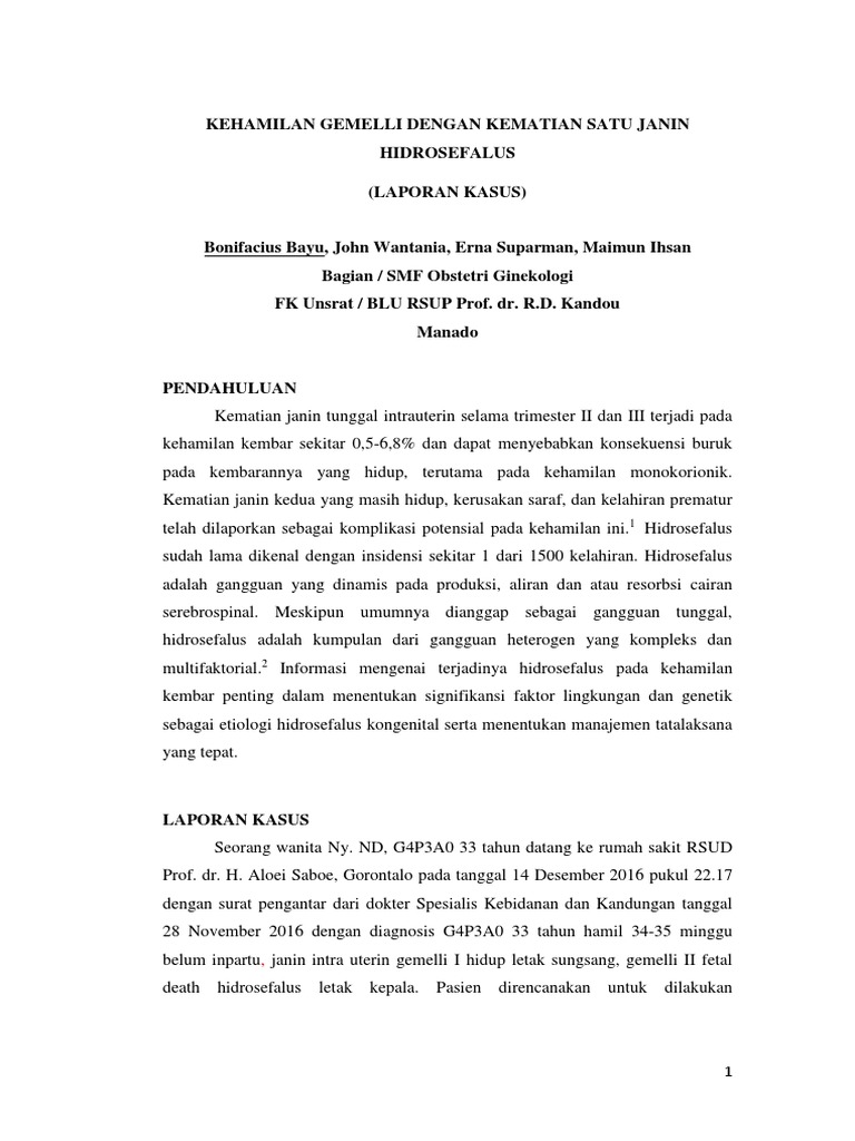 Kehamilan Gemelli Dengan Kematian Satu Janin Hidrosefalus | PDF