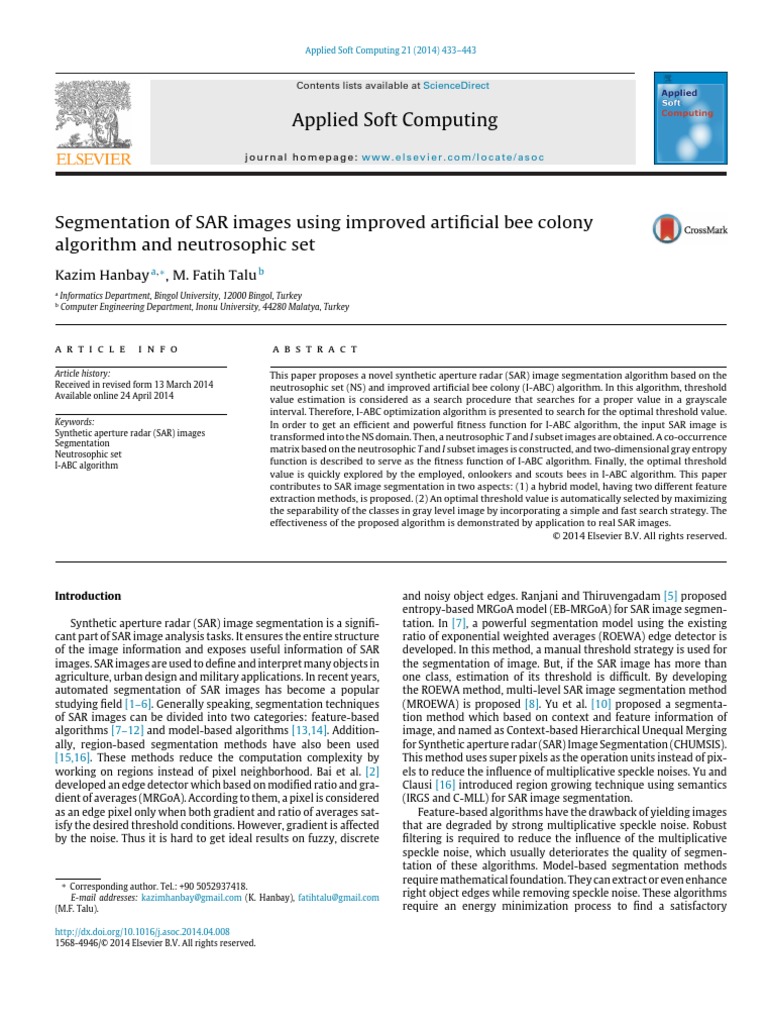 Segmentation Of Sar Images Using Improved Artificial Bee Colony Algorithm And Neutrosophic Set 3218