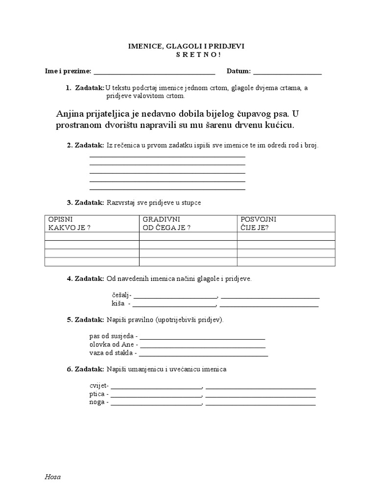 Imenice Glagoli Pridjevi VIPr Hosa | PDF