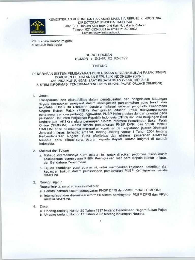 Surat Edaran No. Imi-Ku.02.02-2472 Pembayaran PNBP Melalui Simponi | PDF