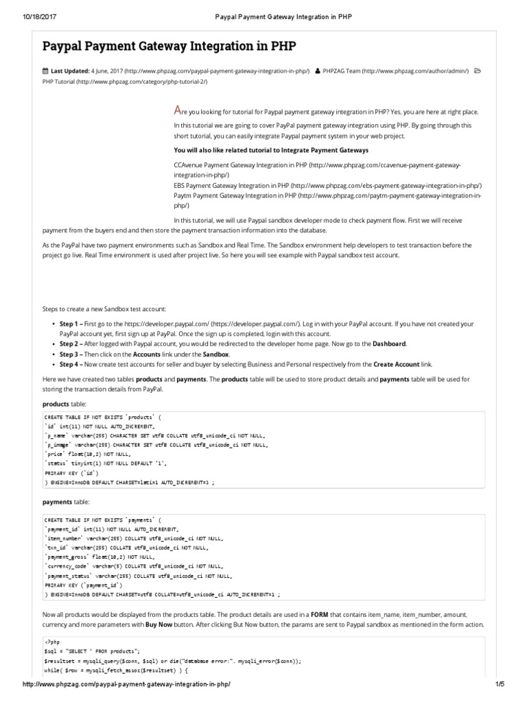 Paypal Payment Gateway Integration in PHP | PDF | Php | Database ...