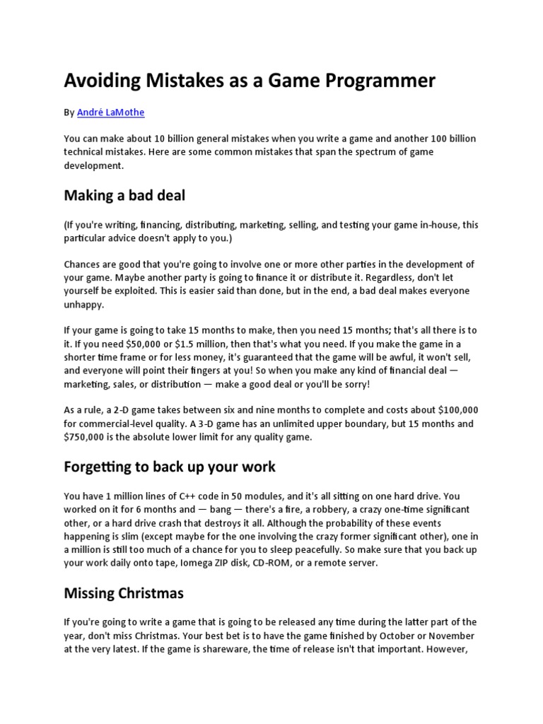 Avoiding Mistakes As A Game Programmer | PDF | Computing | Software