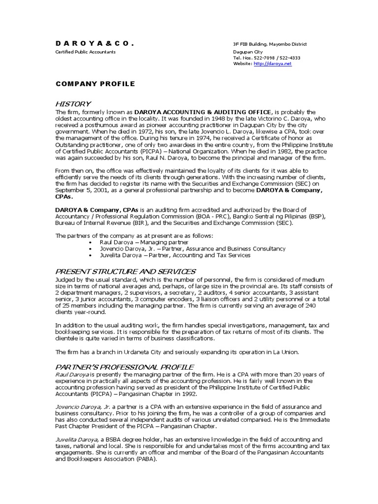 Daroya Company Profile | PDF | Certified Public Accountant | Accounting