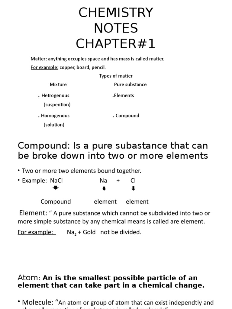 Chemistry Notes Chapter#1 | PDF | Molecules | Chemical Elements