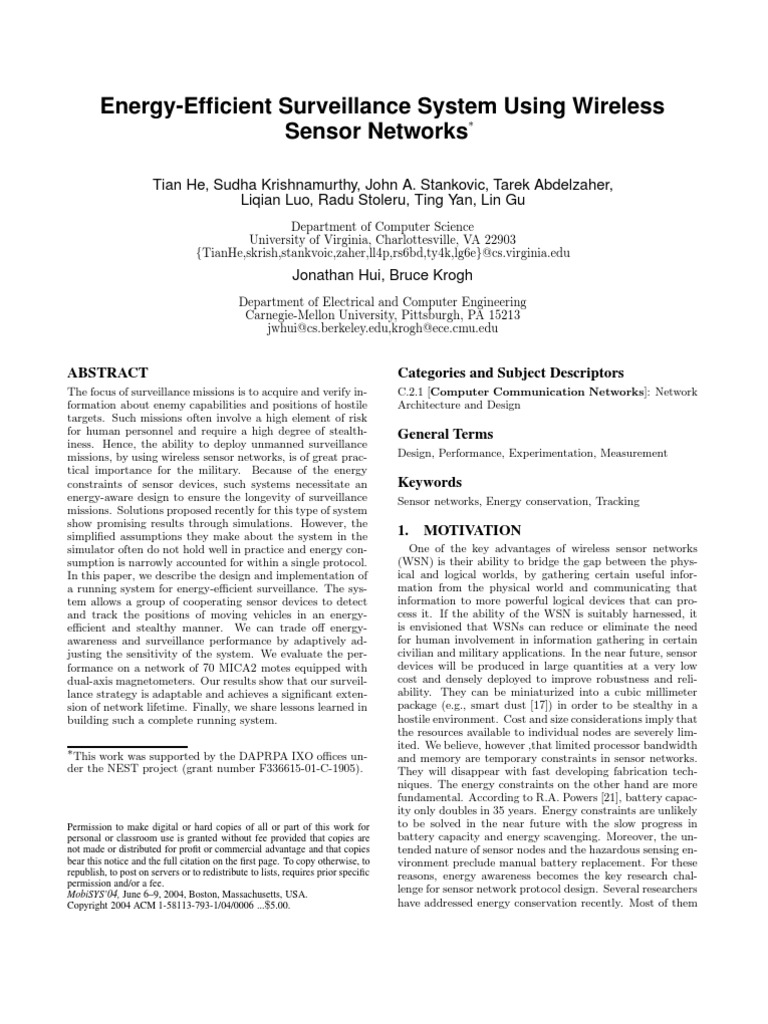 Energy Efficient Surveillance System Using Wireless Sensor Networks Pdf Wireless Sensor