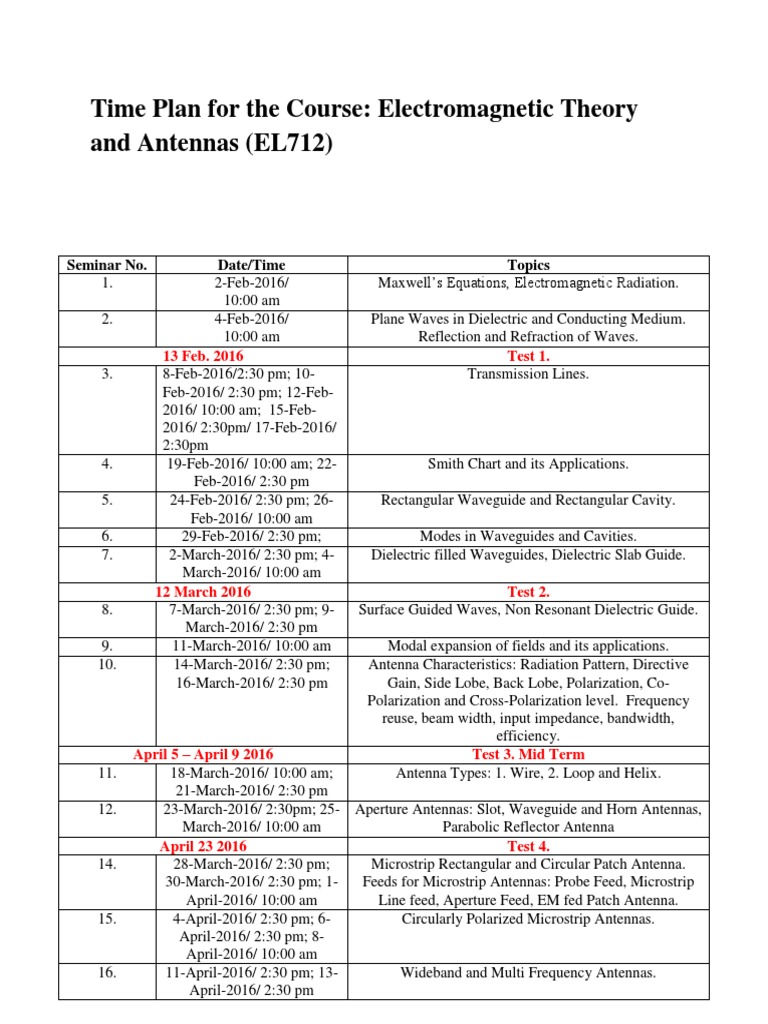 Electromagnetic Theory Course Schedule | PDF | Antenna (Radio) | Waveguide