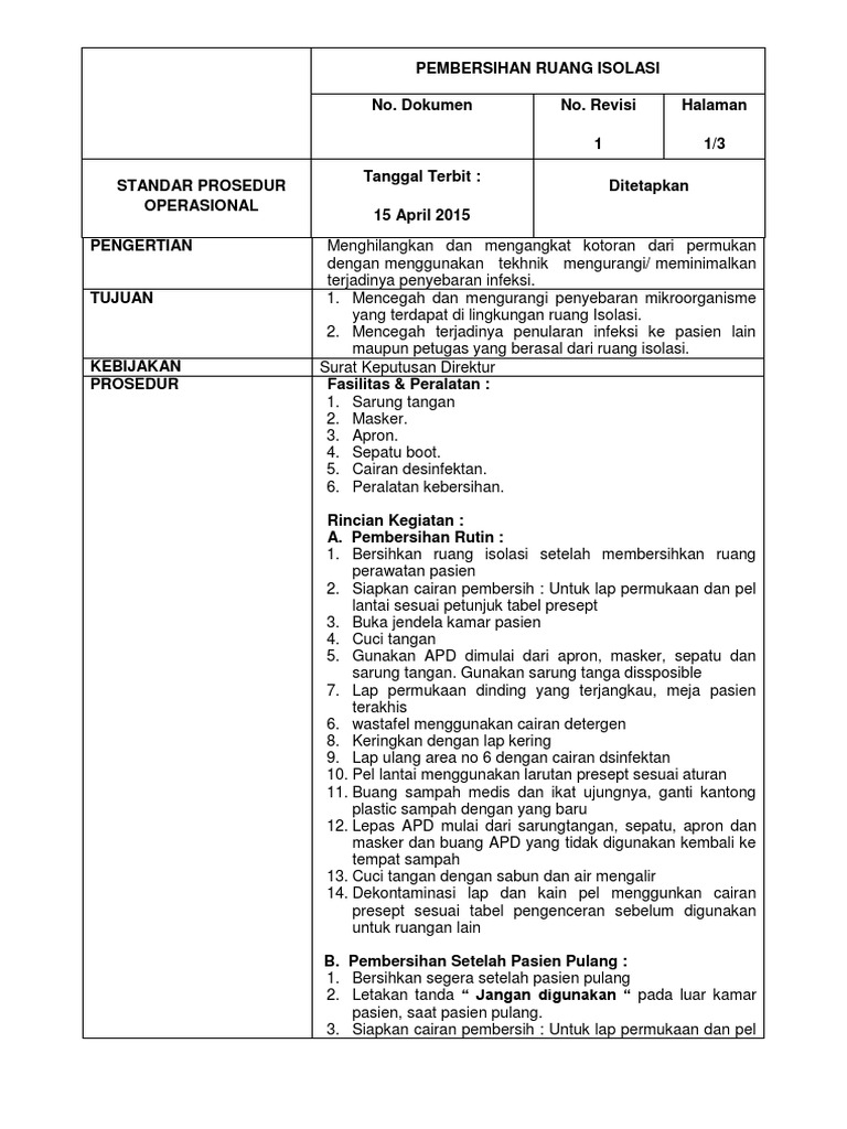 SOP Pembersihan Ruang Isolasi | PDF