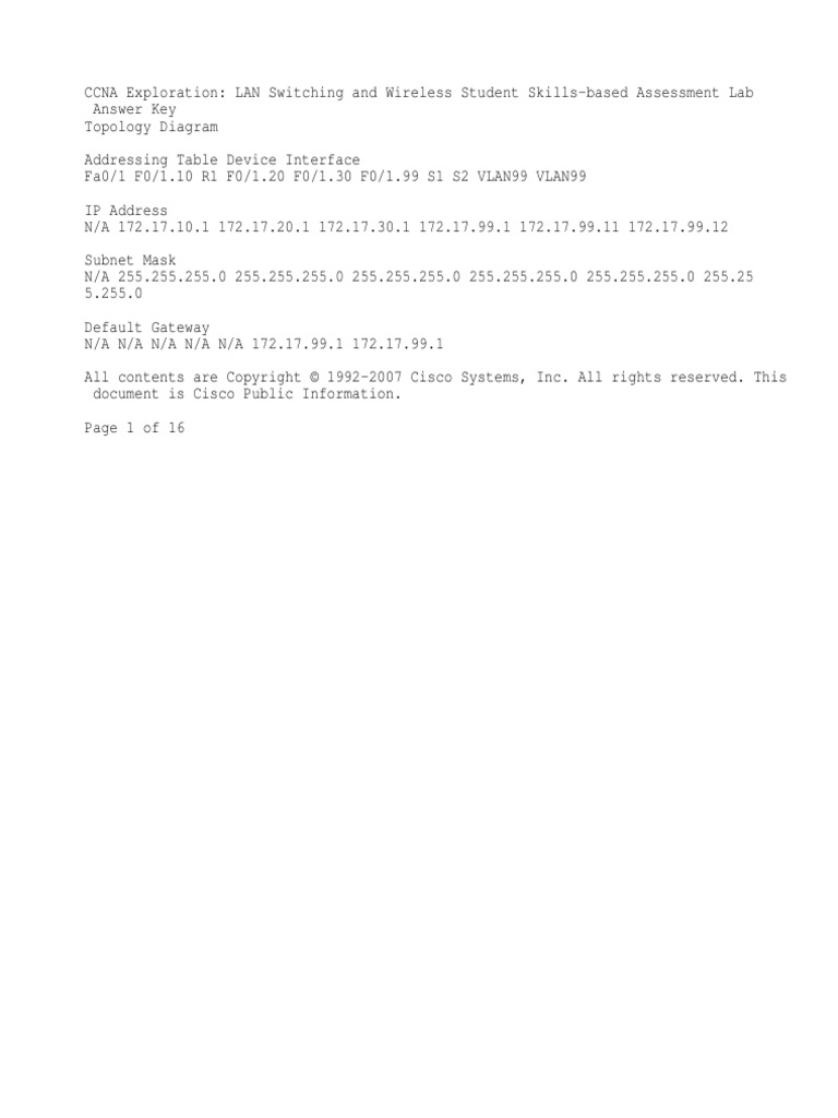 ESwitching Student Lab Skills Based Assessment Answer Key | PDF | Cisco ...