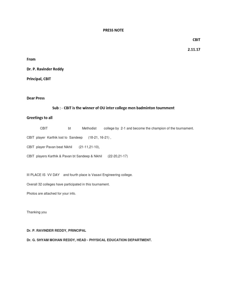 Press Note Cbit 2.11.17 From Dr. P. Ravinder Reddy Principal, CBIT | PDF