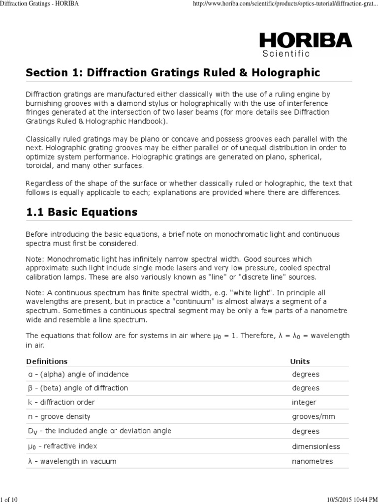 Diffraction Gratings - HORIBA | Download Free PDF | Angular Resolution | Diffraction