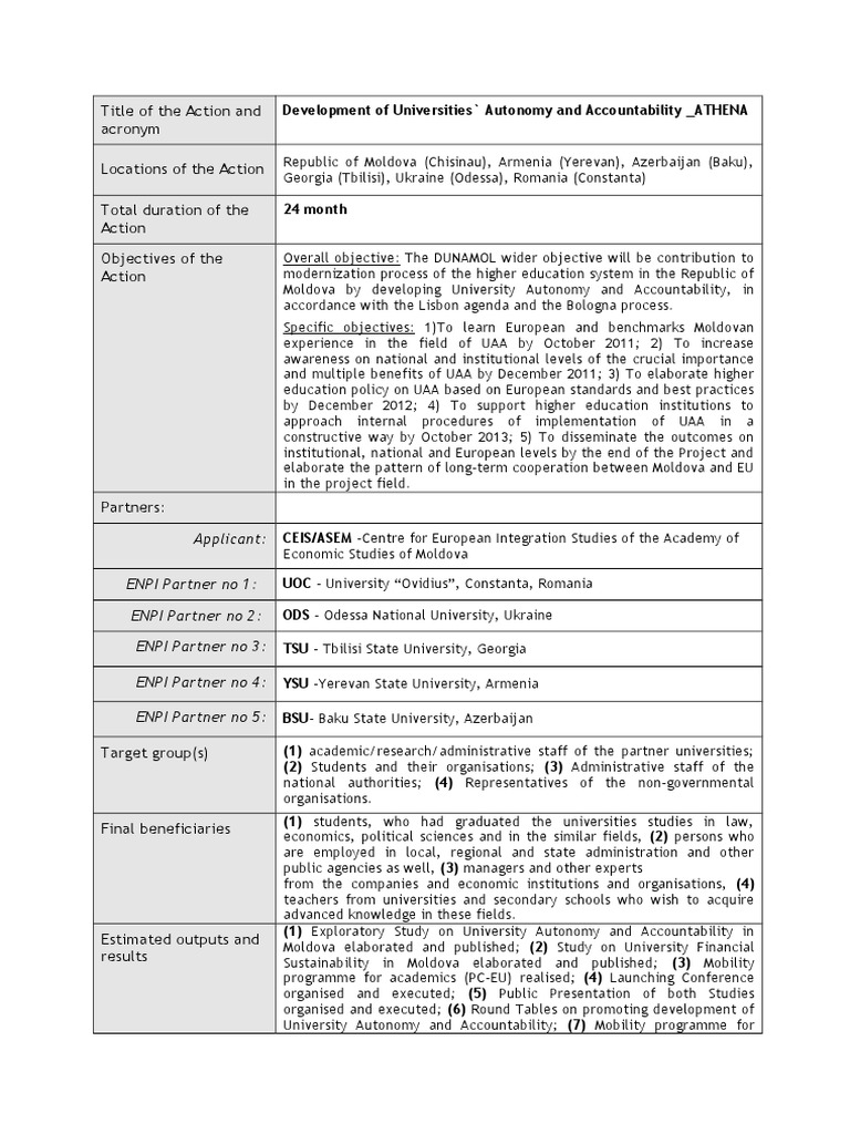 Title of The Action and Acronym Locations of The Action Total Duration ...