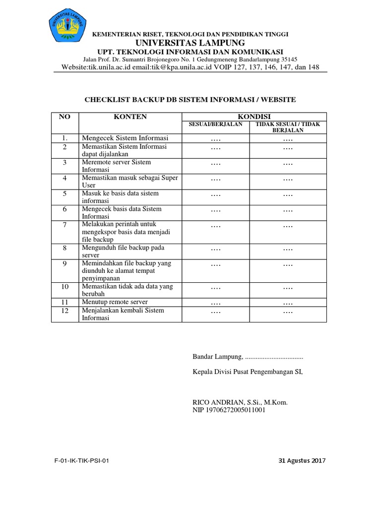Checklist Backup DataBase Sistem Informasi - Website | PDF