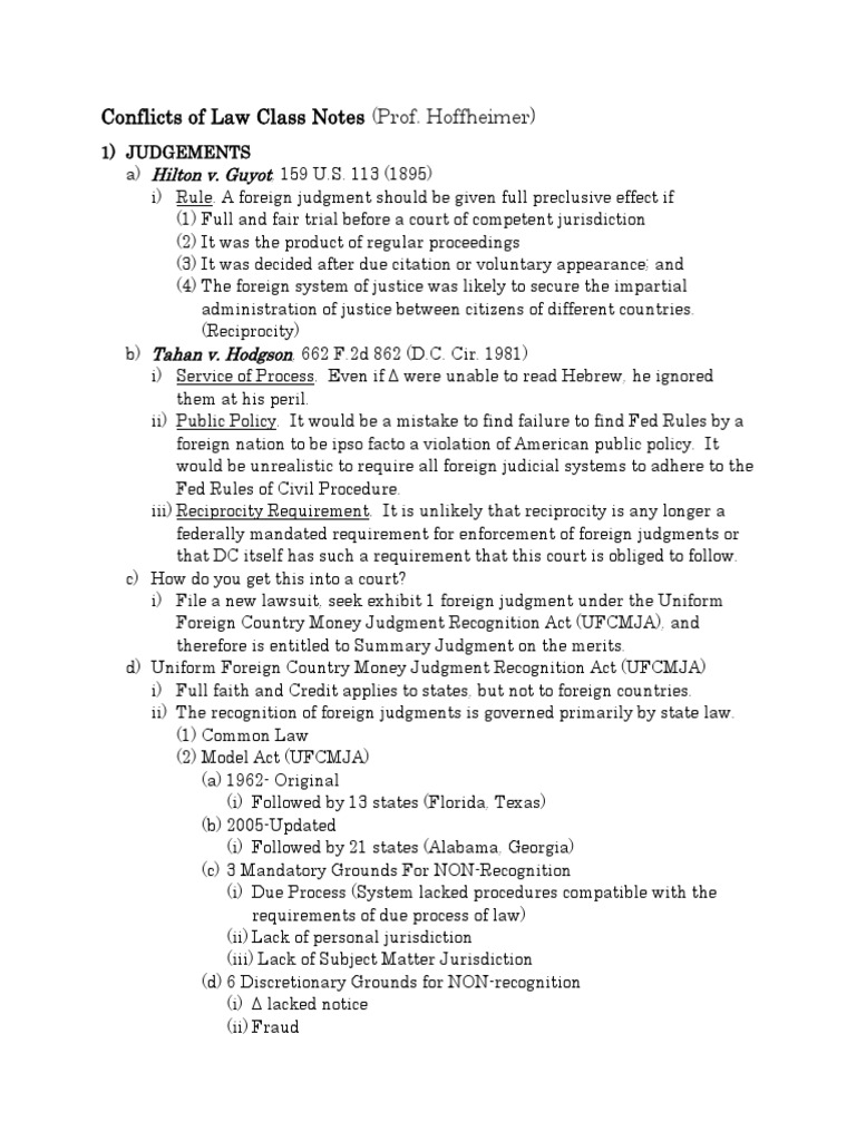 Conflicts of Law Class Notes | PDF | Tort | Judgment (Law)