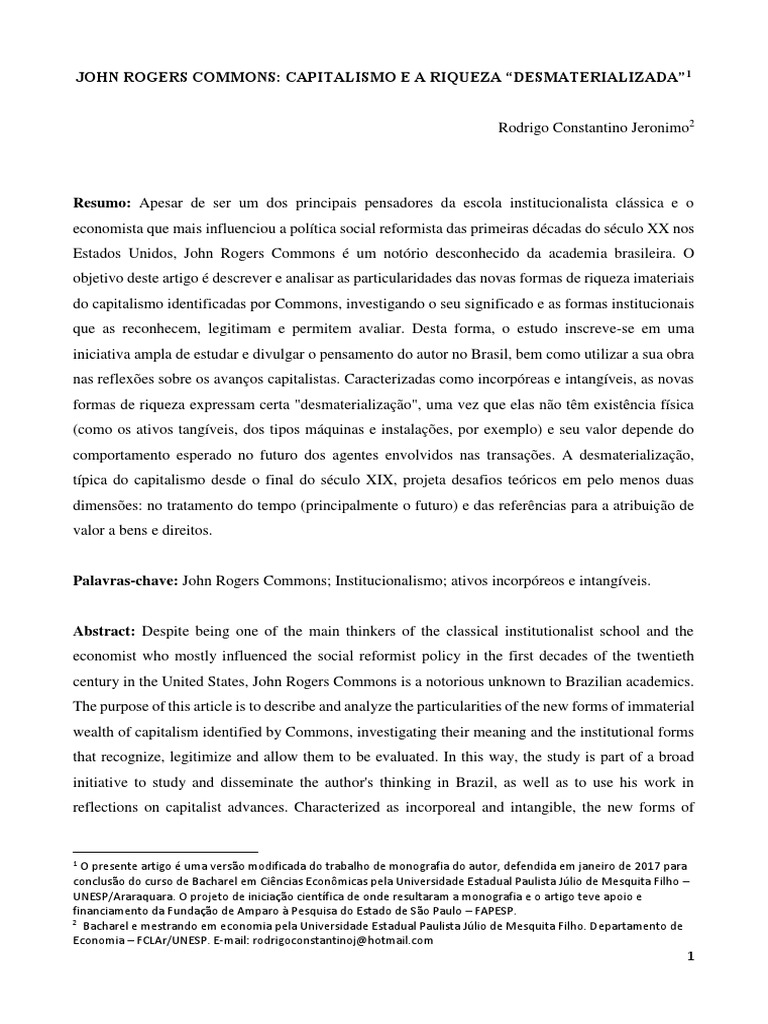 John Rogers Commons - Capitalismo e A Riqueza - Desmaterializada ...