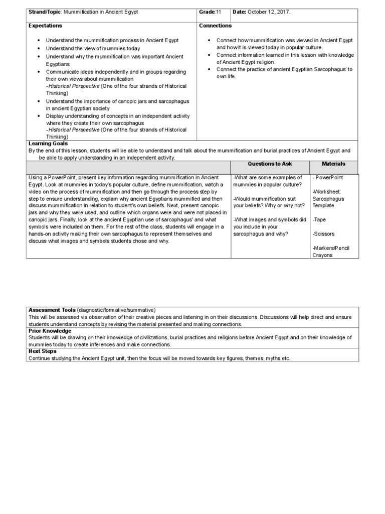 Lesson Plan Ancient Egypt Mummification | Download Free PDF | Mummy ...
