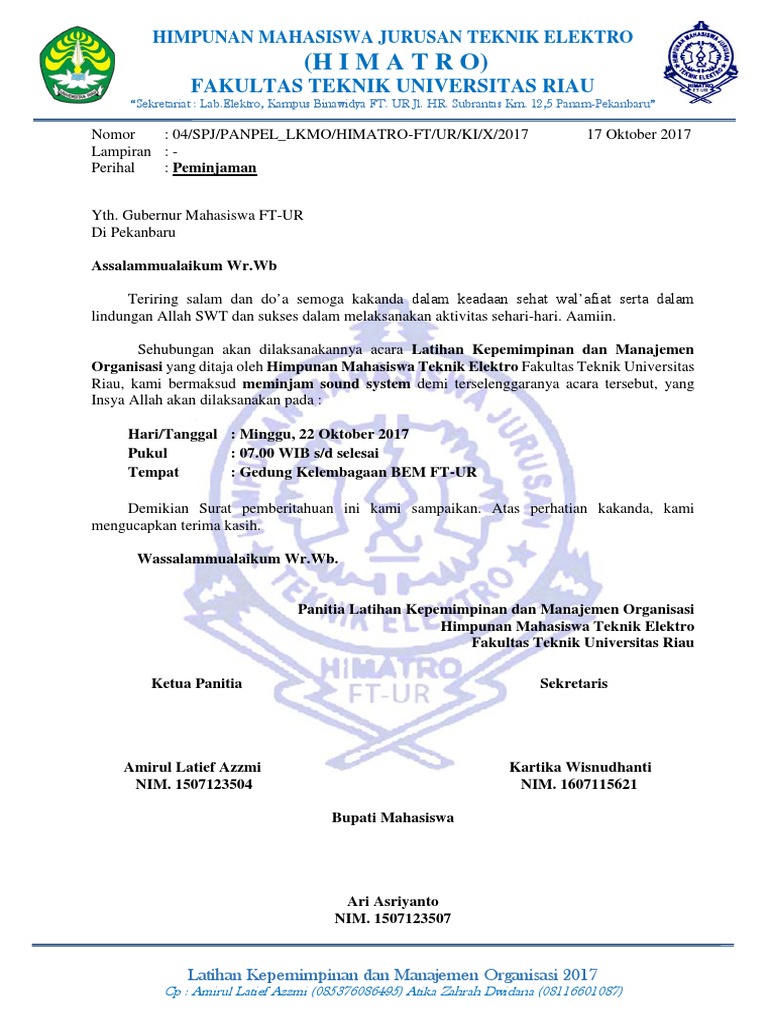 Surat Peminjaman Sound System FT-UR | PDF
