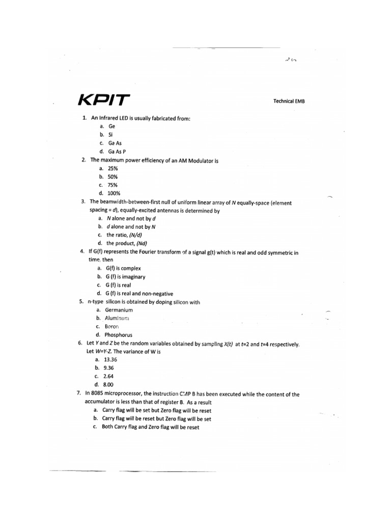 KPIT Cummins Model Question Papers | PDF | Field Effect Transistor ...