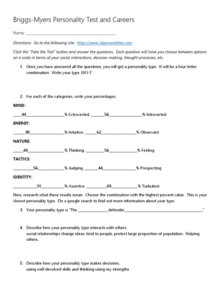 Briggs-Myers Personality Test and Careers: Mind | PDF | Personality ...