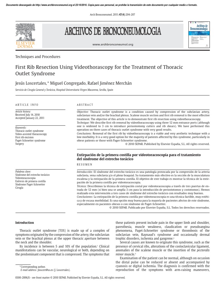 First Rib Resection Using Videothorascopy For The Treatment of Thoracic ...